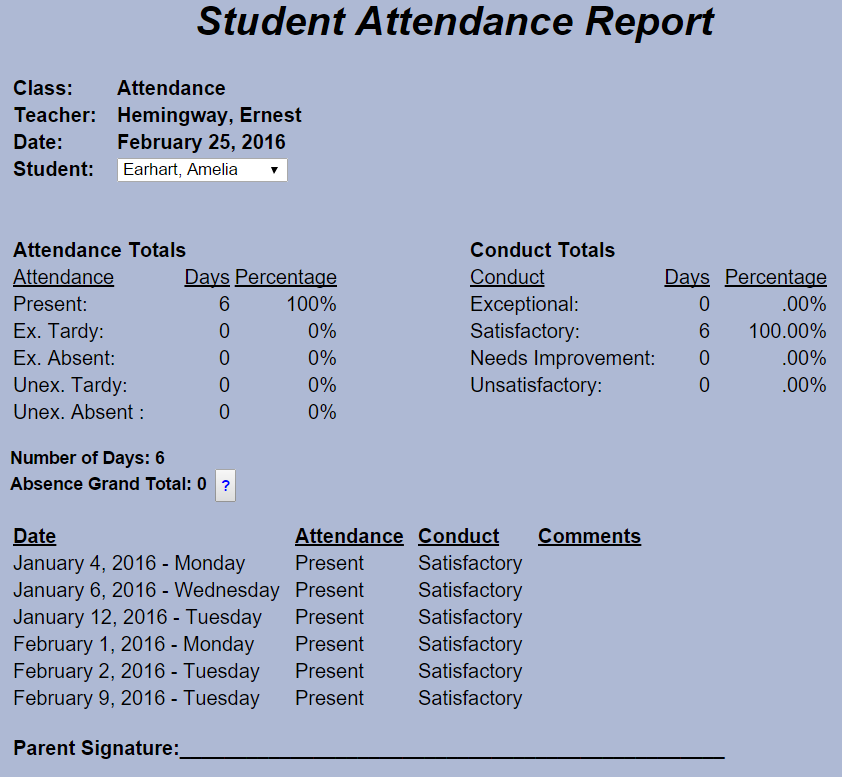 Attendance/Conduct Report
