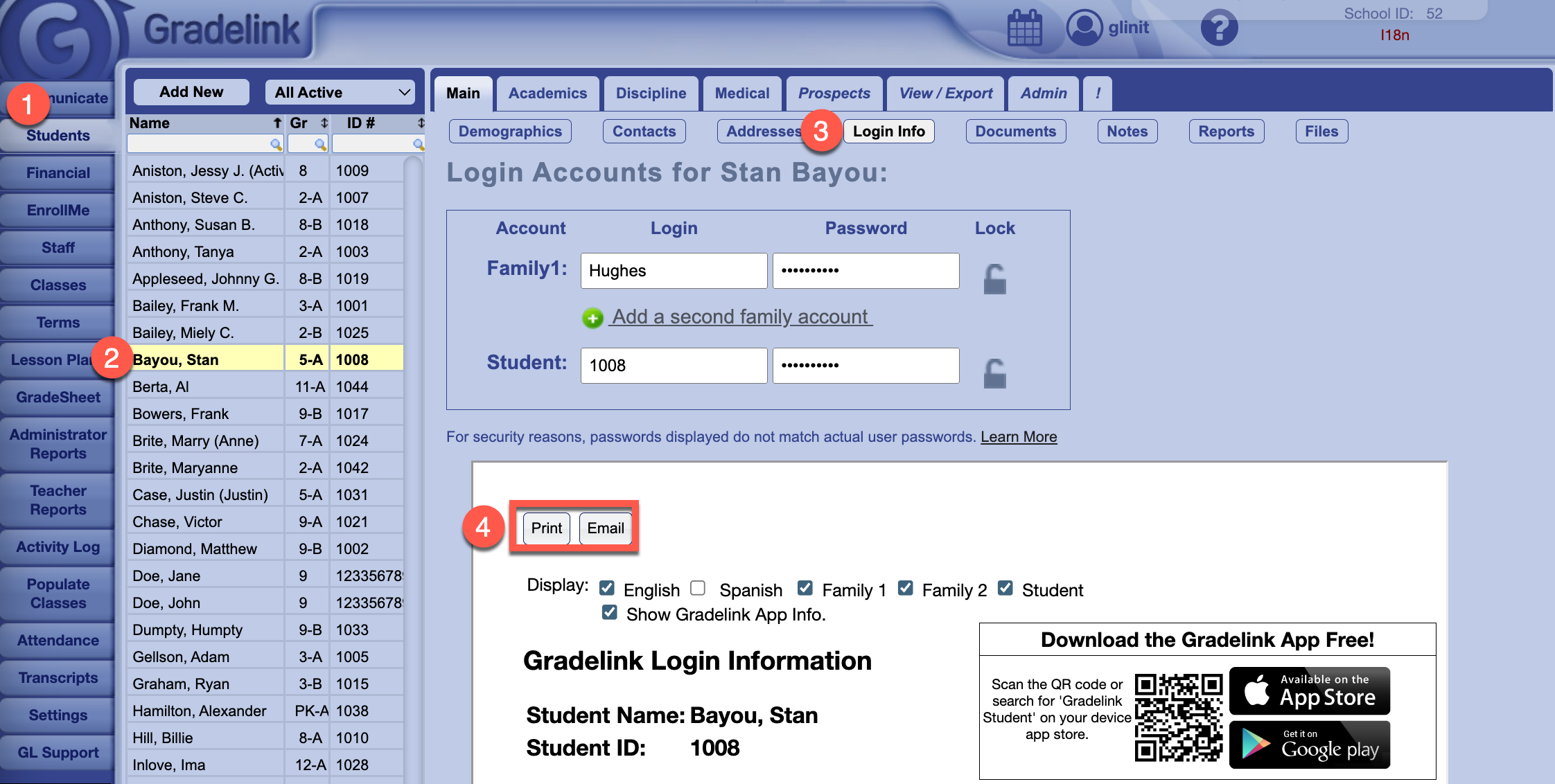 How do I send login information from Gradelink to a student's parents?