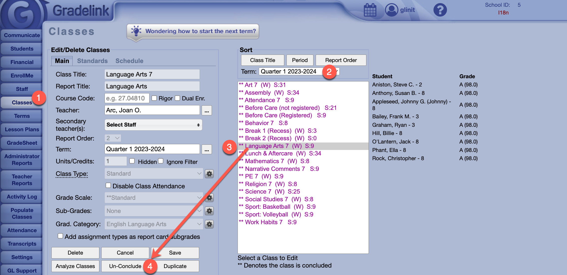 How do I unconclude grades on Gradelink?